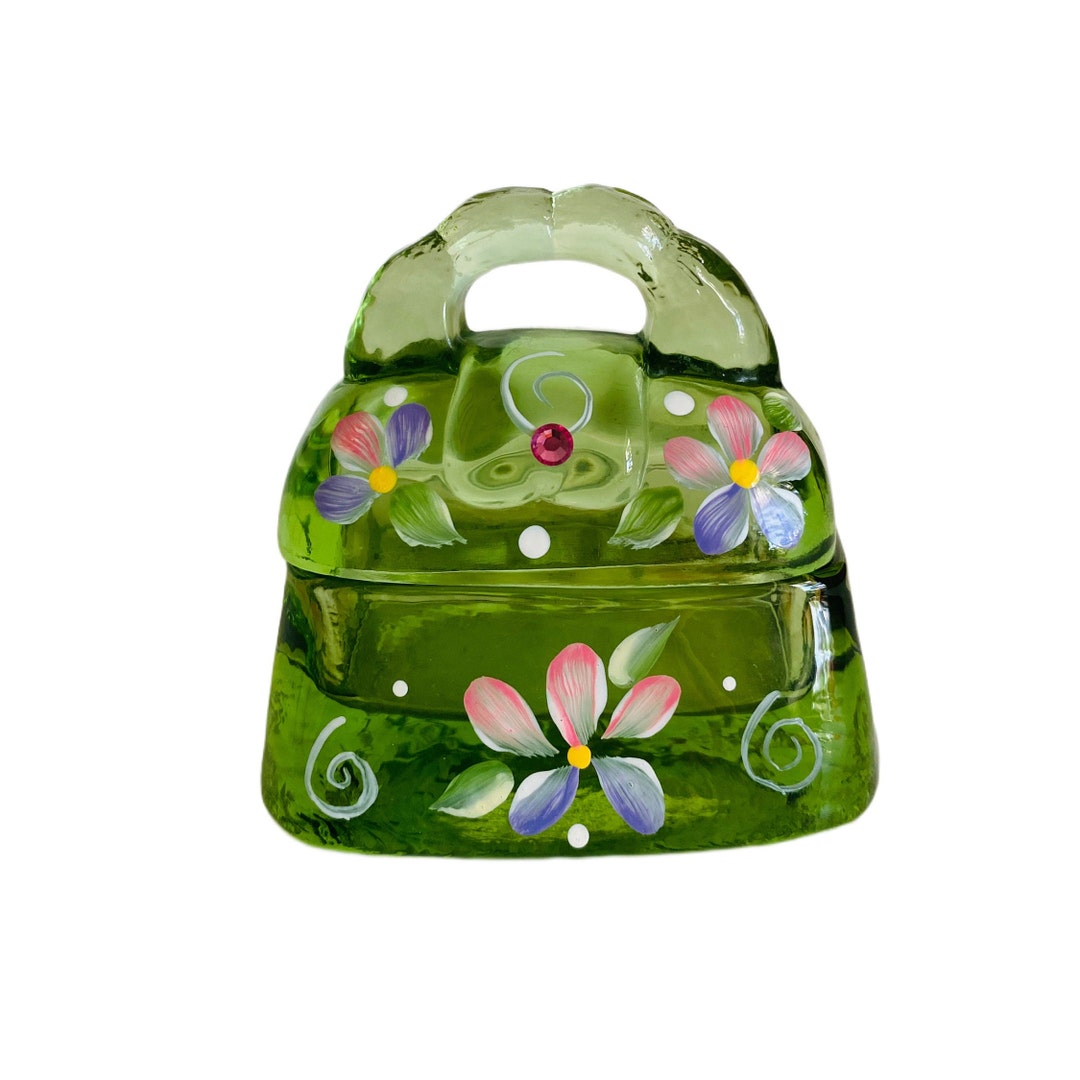 Fenton Glass Purse Trinket Box , Collectible Fenton Green Flowered ...