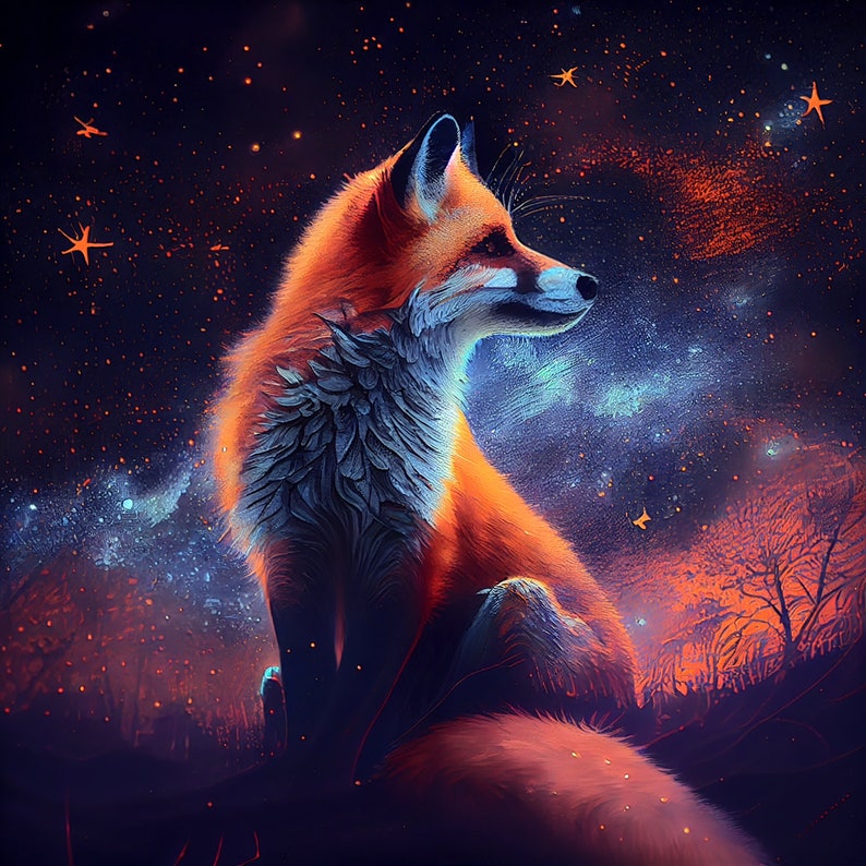 Starry Night Prints With a Twist Red Fox Fantasy Art for Unique Fox ...