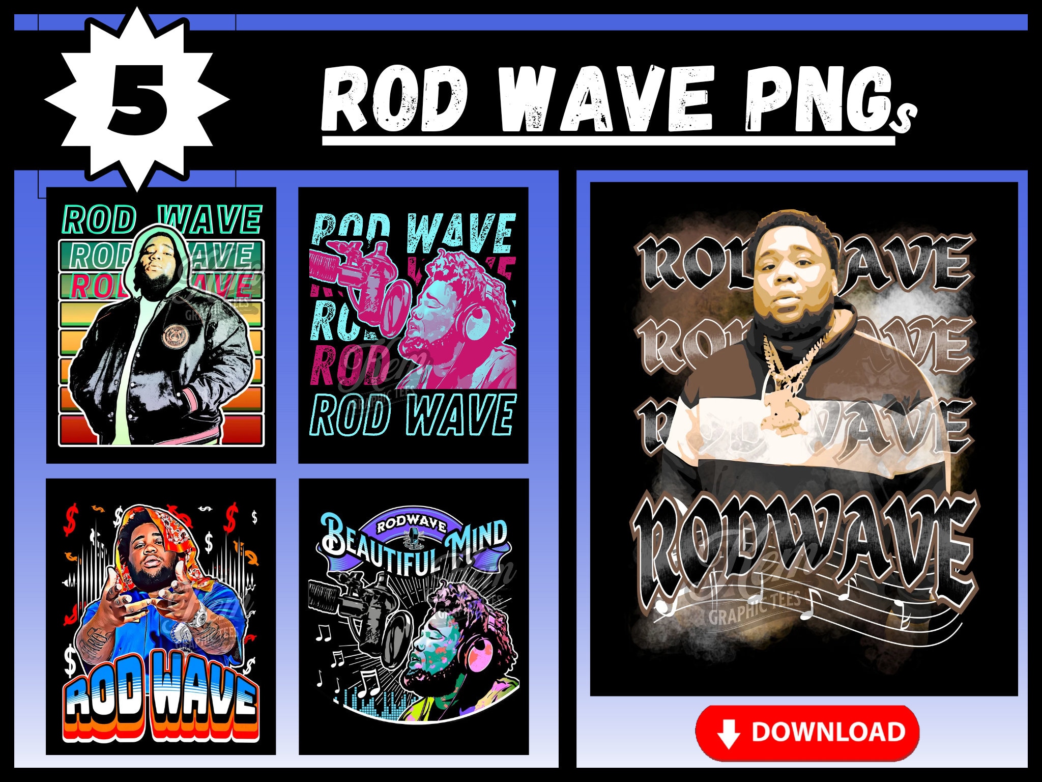 Rod Wave PNG Bundle: 5 High-quality Graphics for Shirt Printing ...