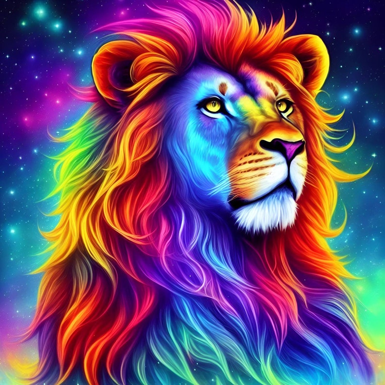 Colorful Lion Art Fantasy Art Poster Psychedelic Style Digital AI Art ...