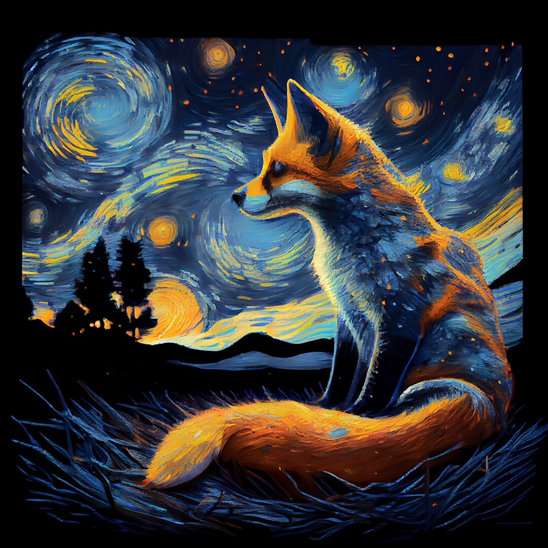 Van Gogh Wall Art Inspired Red Fox Starry Night AI Art Print for Fox ...