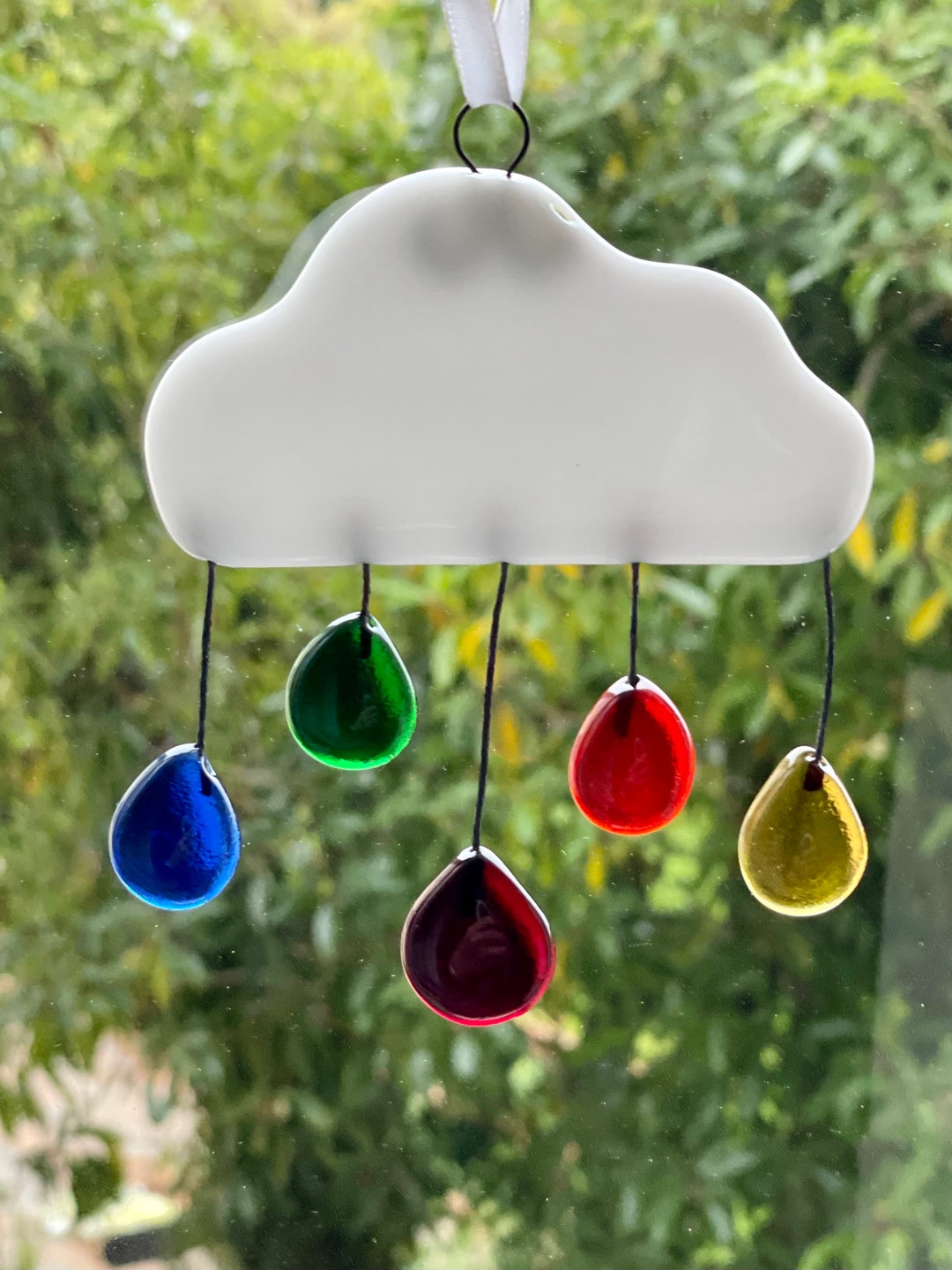 Cloud With Rainbow Drops Fused Glass Sun Catcher - Etsy