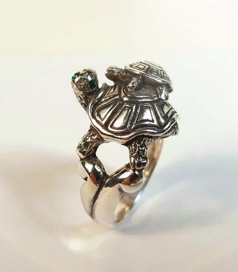 Sterling Silver Turtle Ring With Swarovski Emerald Eyes - Etsy