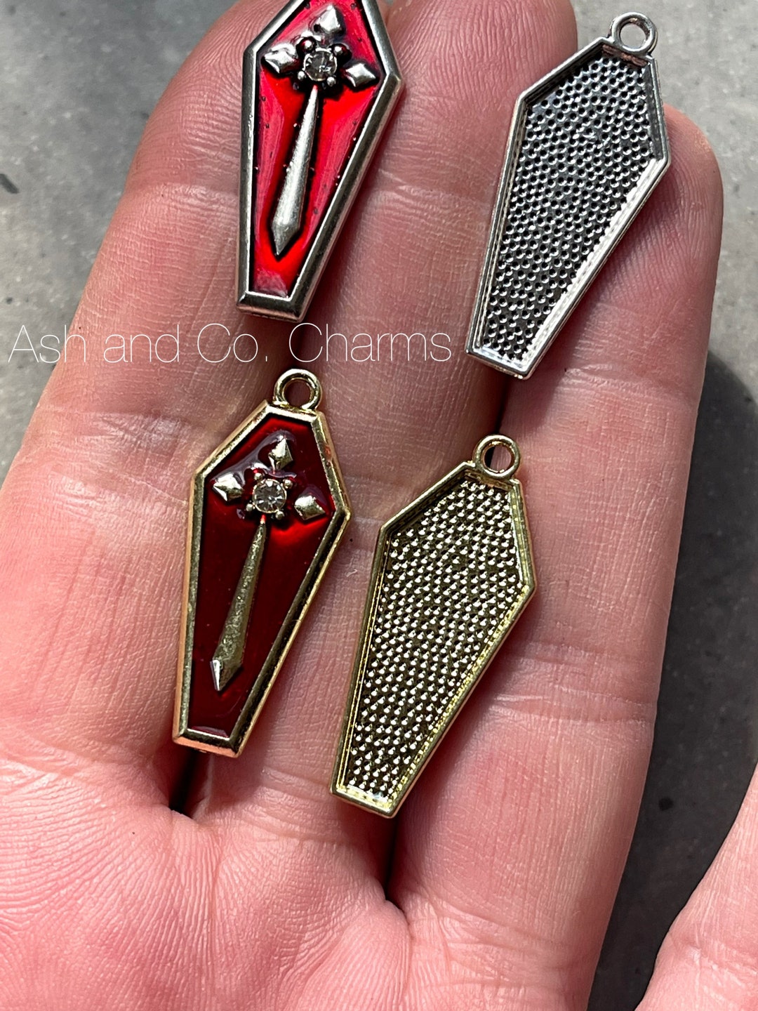Coffin, Dracula, Vampire, Enamelled Charms. in Gold or Silver Alloy ...