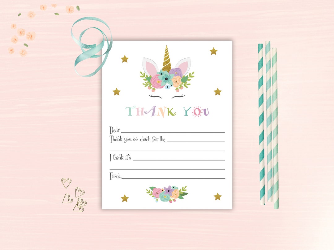 Unicorn Fill in Thank You Cards for Kids - Girls Birthday Fill in Thank ...