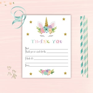 Unicorn Fill in Thank You Cards for Kids - Girls Birthday Fill in Thank ...