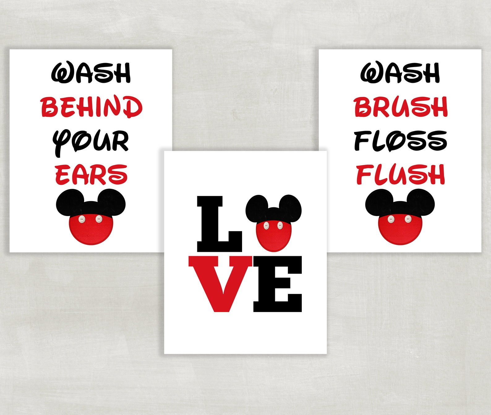 Mickey Mouse Bathroom Prints Wash Brush Floss Flush Wash | Etsy