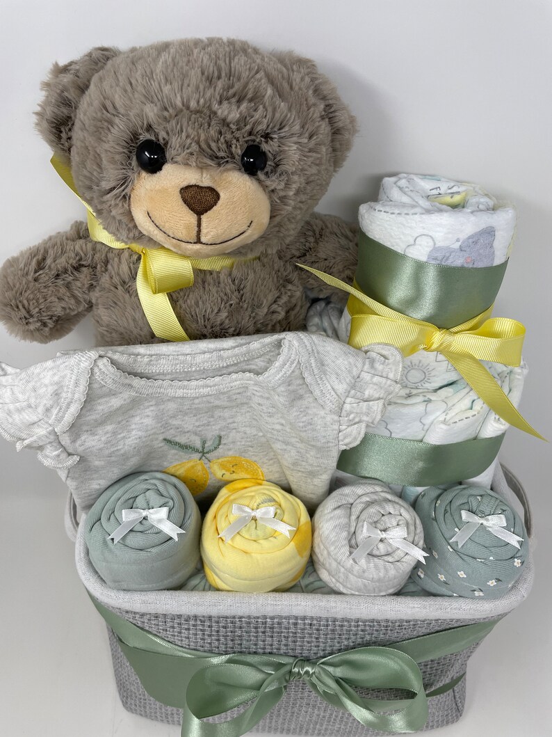 Sage & Lemon Baby Gift Basket, Diaper Cake, Teddy Bear - Etsy