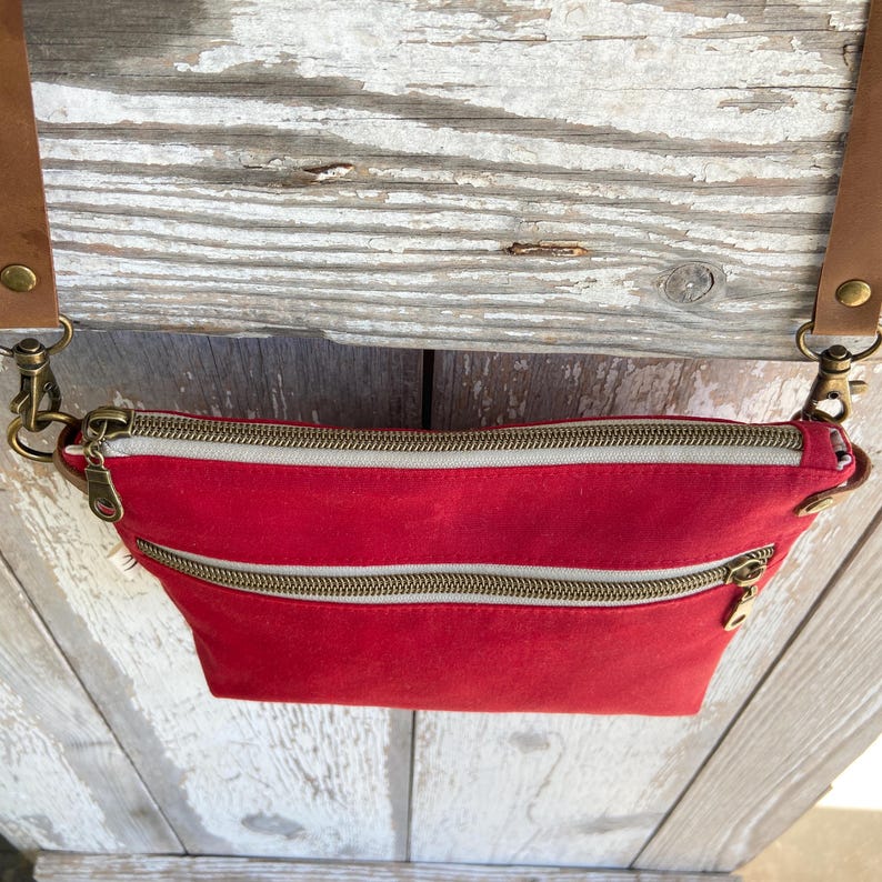 Small Red Waxed Canvas Crossbody With Leather Strap - Etsy