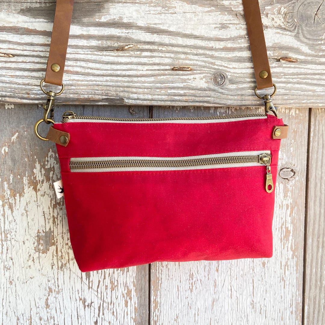 Small Red Waxed Canvas Crossbody With Leather Strap - Etsy