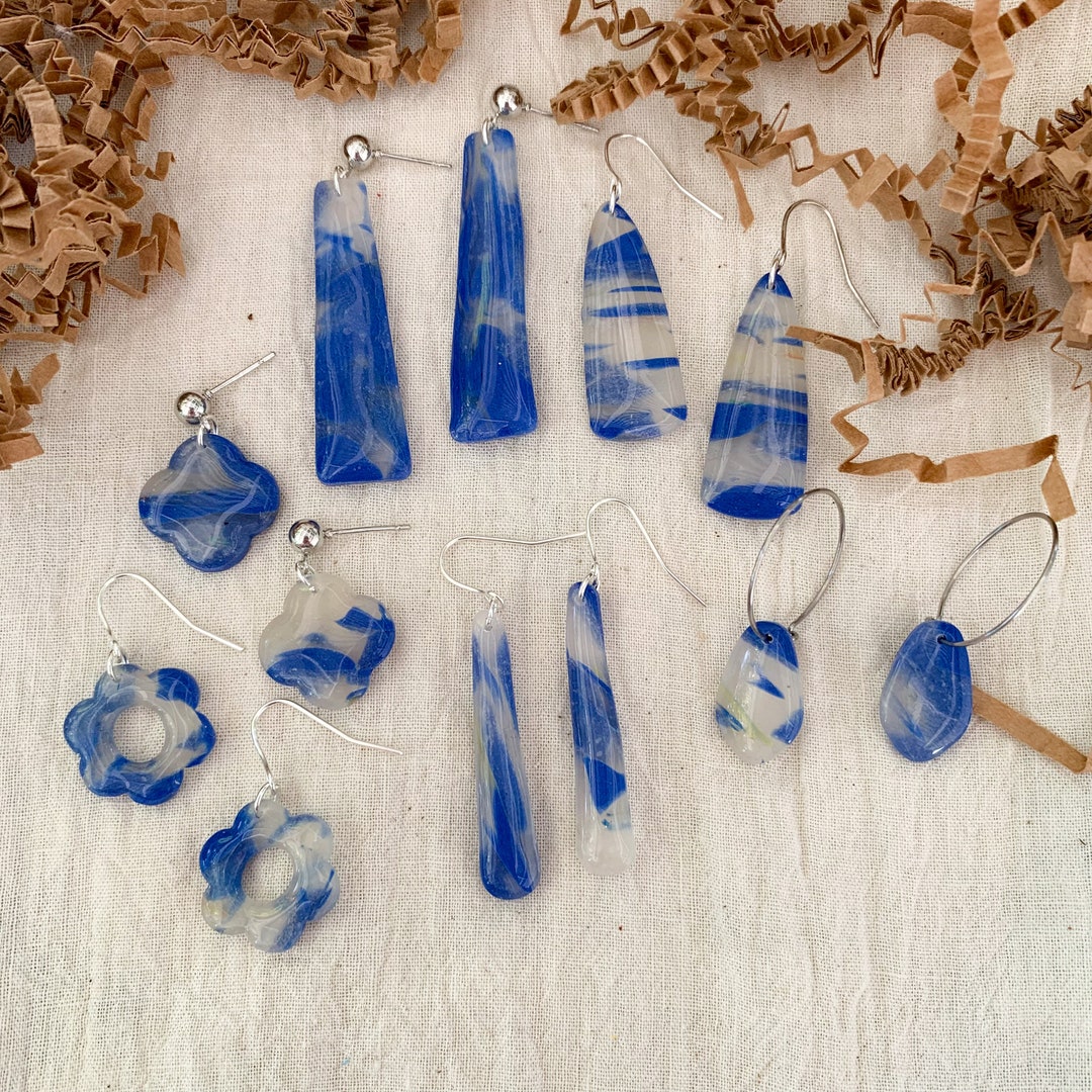 Blue and Translucent Earrings Clear and Blue Earrings Handmade Polymer ...