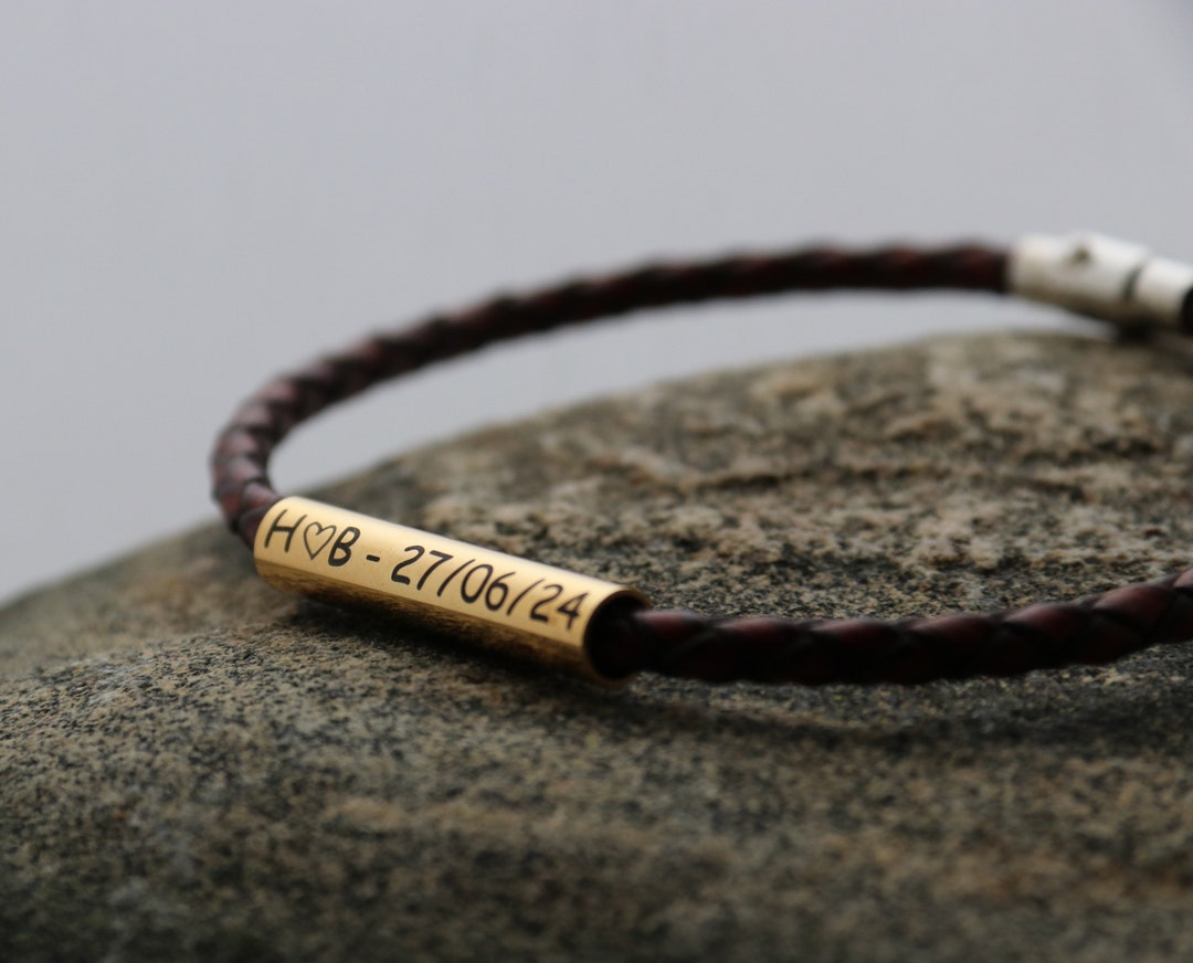 Gold/ Custom Bracelet, Custom Gold Engraving Leather Bracelet, Mens ...