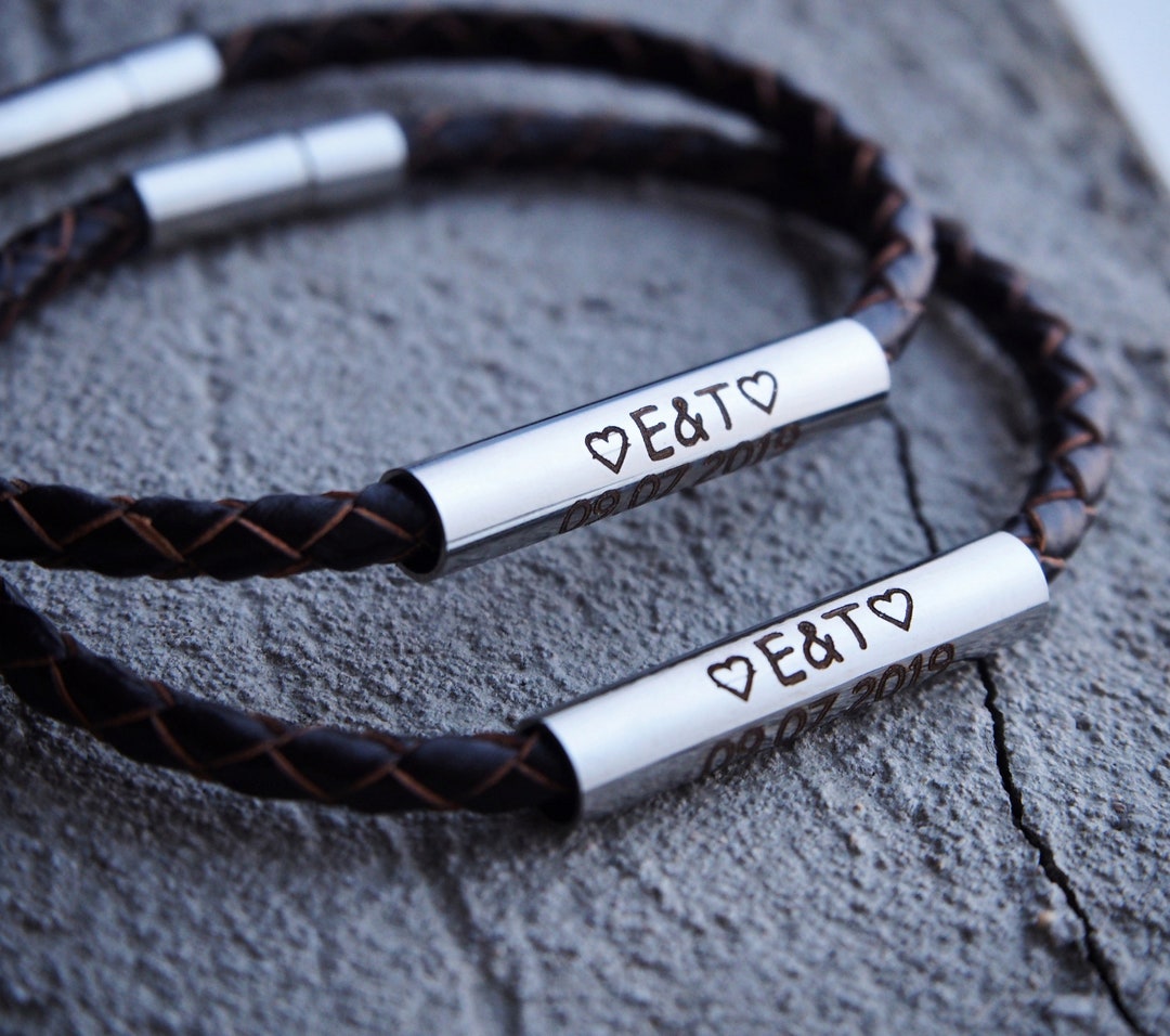 Couples Anniversary Bracelets, Couples Engraved Leather Bracelet ...