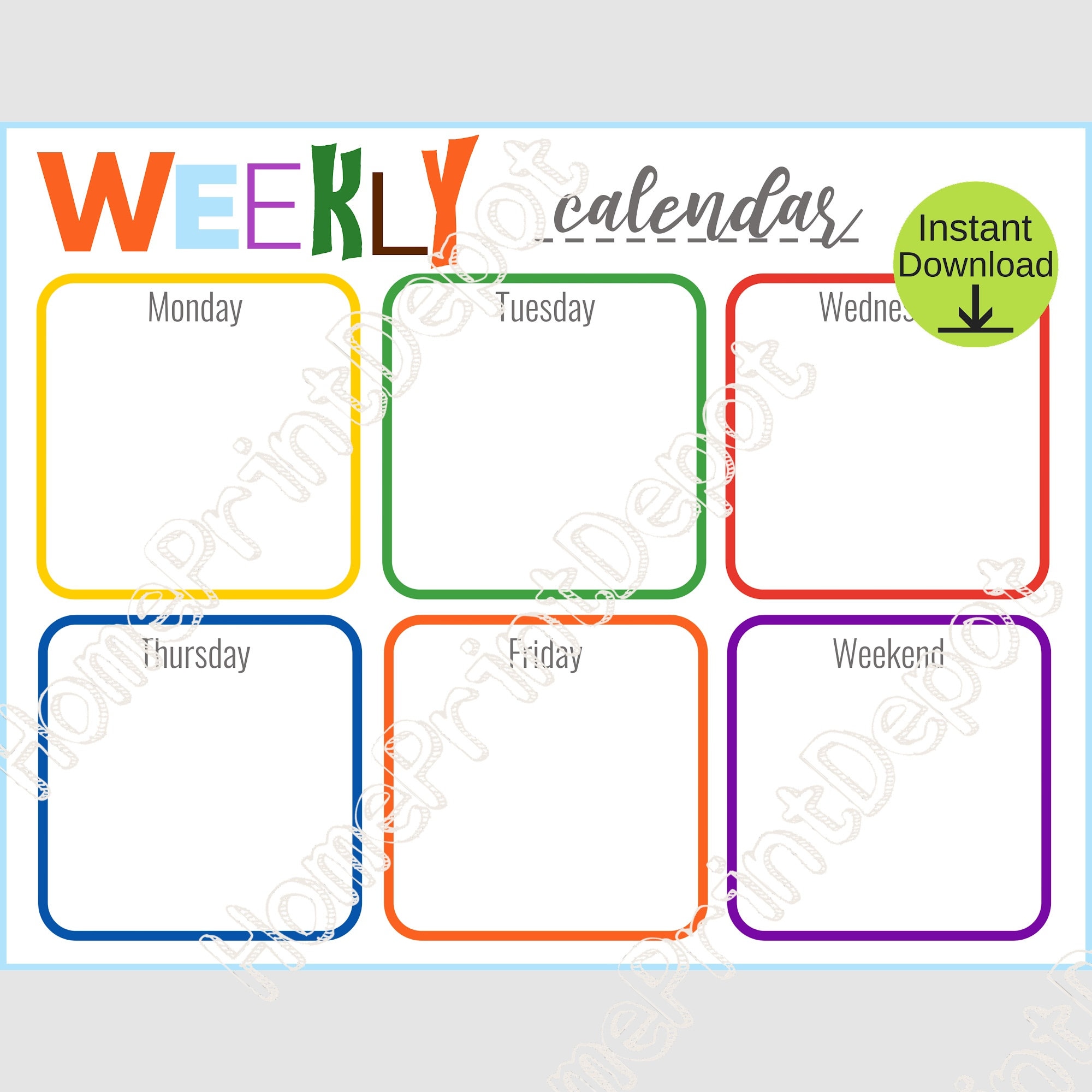 Kids Weekly Calendar, Colorful Printable Children's Weekly Planner ...