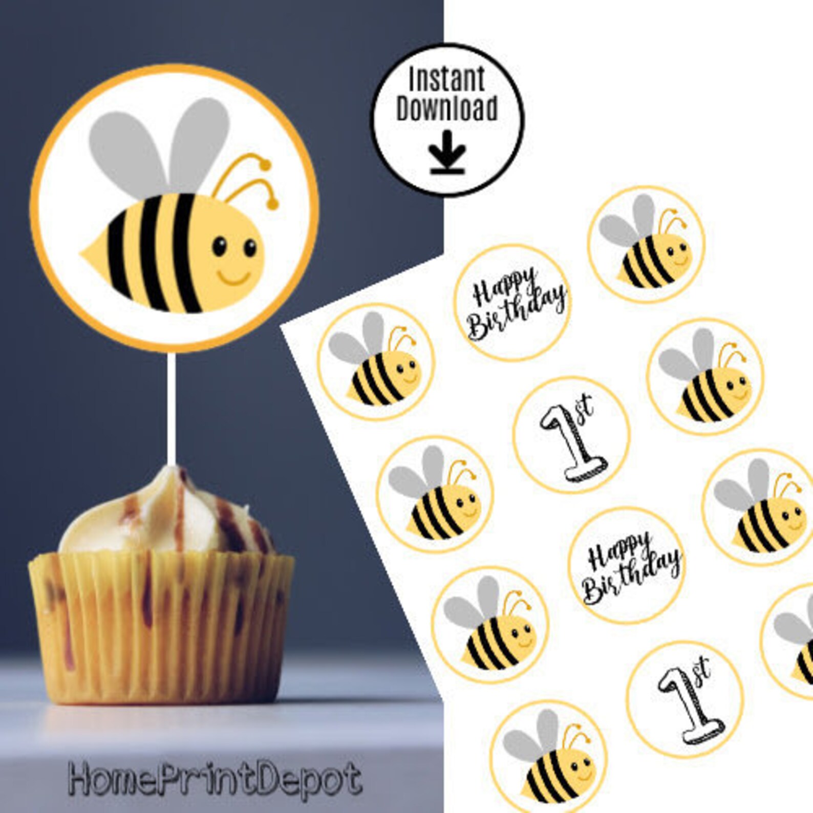 Bumble Bee Cupcake Topper INSTANT DOWNLOAD Baby Shower Decor - Etsy