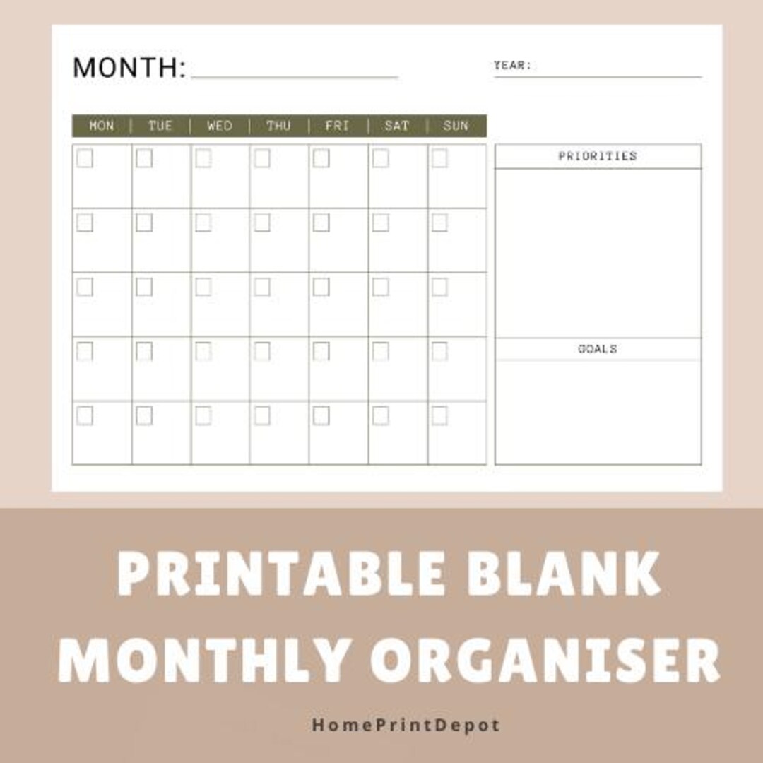 Printable Blank Monthly Calendar | Minimalist Undated Planner (digital ...