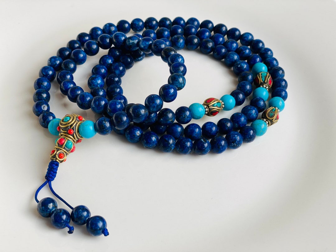 Natural Nepalese Blue Gemstones 108 Mala Beads, Meditation Beads, Reiki ...