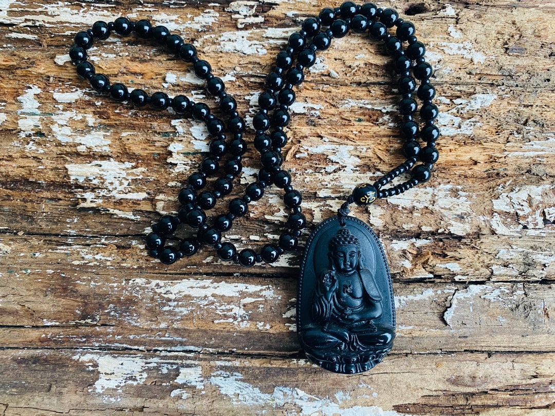 Natural Black Gems Stones Buddha Prayer Beads Mala Necklace With Buddha ...
