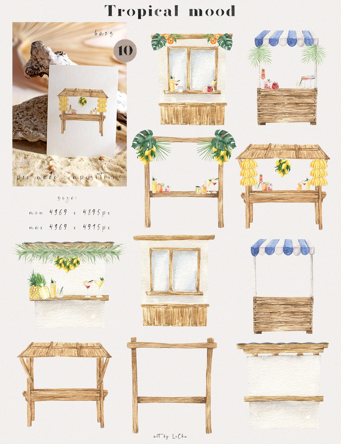 Watercolor Fruits Bar Clipart Carts Tropical Truck Wheelbarrow | Etsy