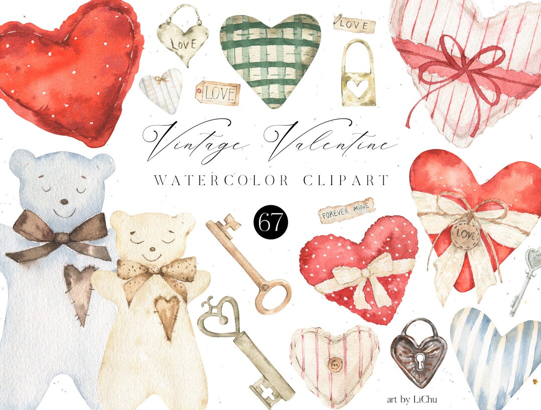 Watercolor Heart Vintage Valentines Day Key Cute Bear Character Love ...