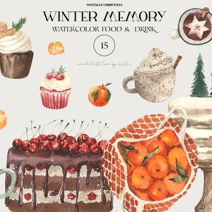 Watercolor Christmas Food Clipart Berry Chocolate Cake Caramel Latte ...