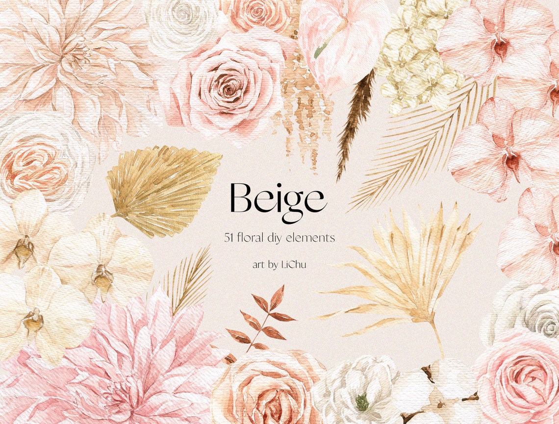 Watercolor Boho Floral Clipart Flowers Dried Palm Leaf Bouquets ...