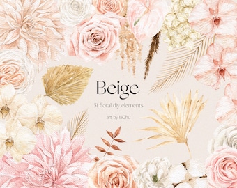 Boho Floral Golden Frame Clipart Watercolor Flowers Wreath Dried Palm ...