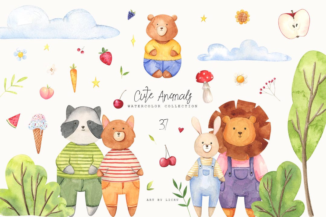 Cute Animals Watercolor Clipart Hand-painted Woodland Creatures and ...