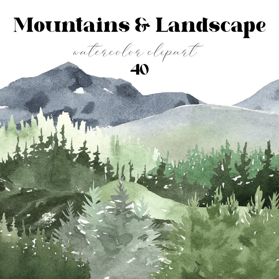 Watercolor Mountains Clipart Hill Greenery Pine Fir Trees Forest ...