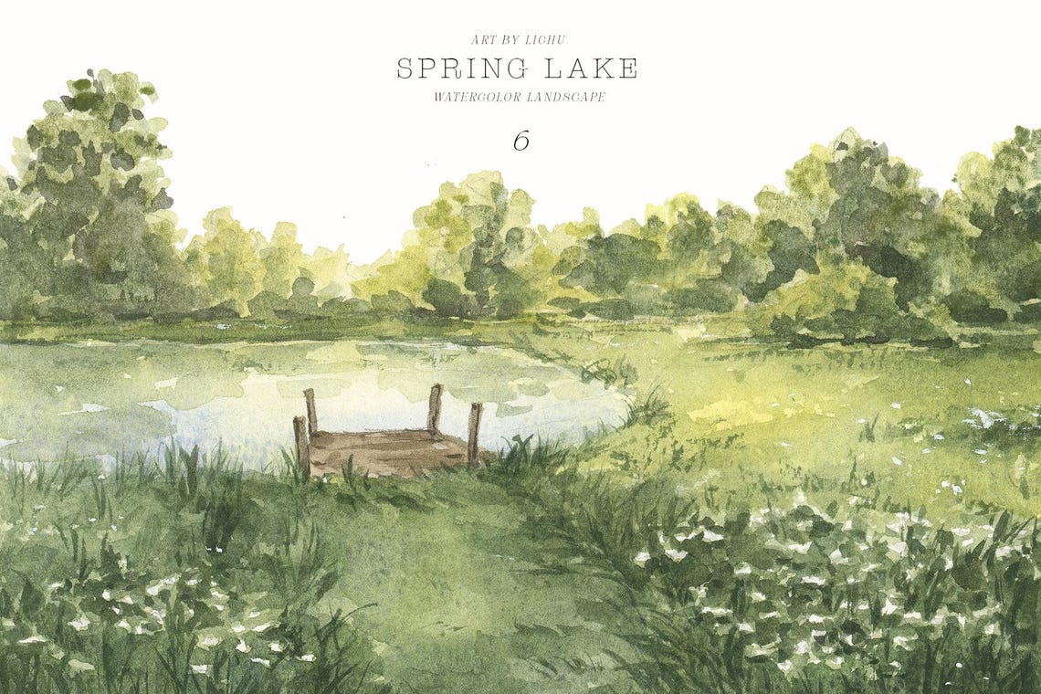 Spring Lake Watercolor Landscapes - Hand-painted Nature Scenes ...
