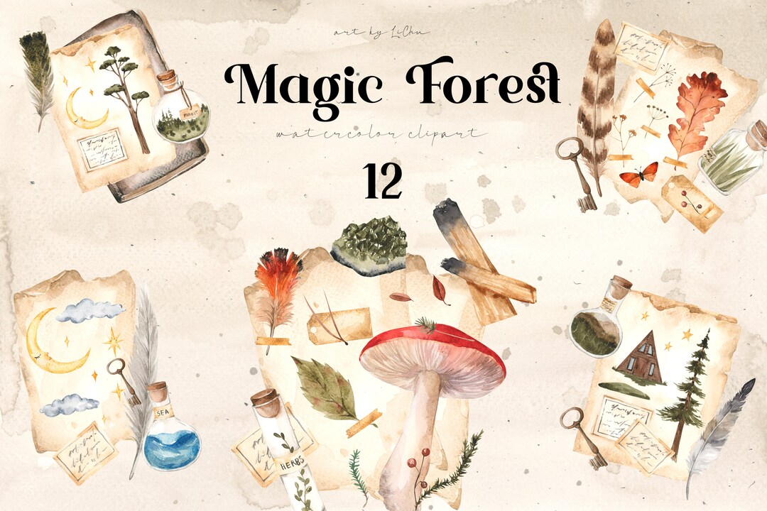 Watercolor Magic Clipart Vintage Letters Witch Craft Supplies Mushrooms ...