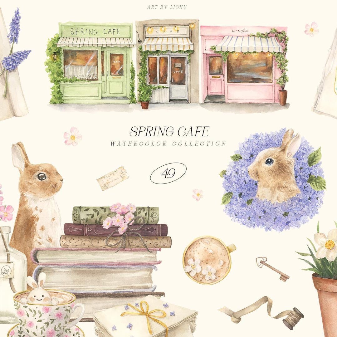 Watercolor Cafe Clipart Bunny - Coffee Shop, Spring Floral Cafe PNG ...