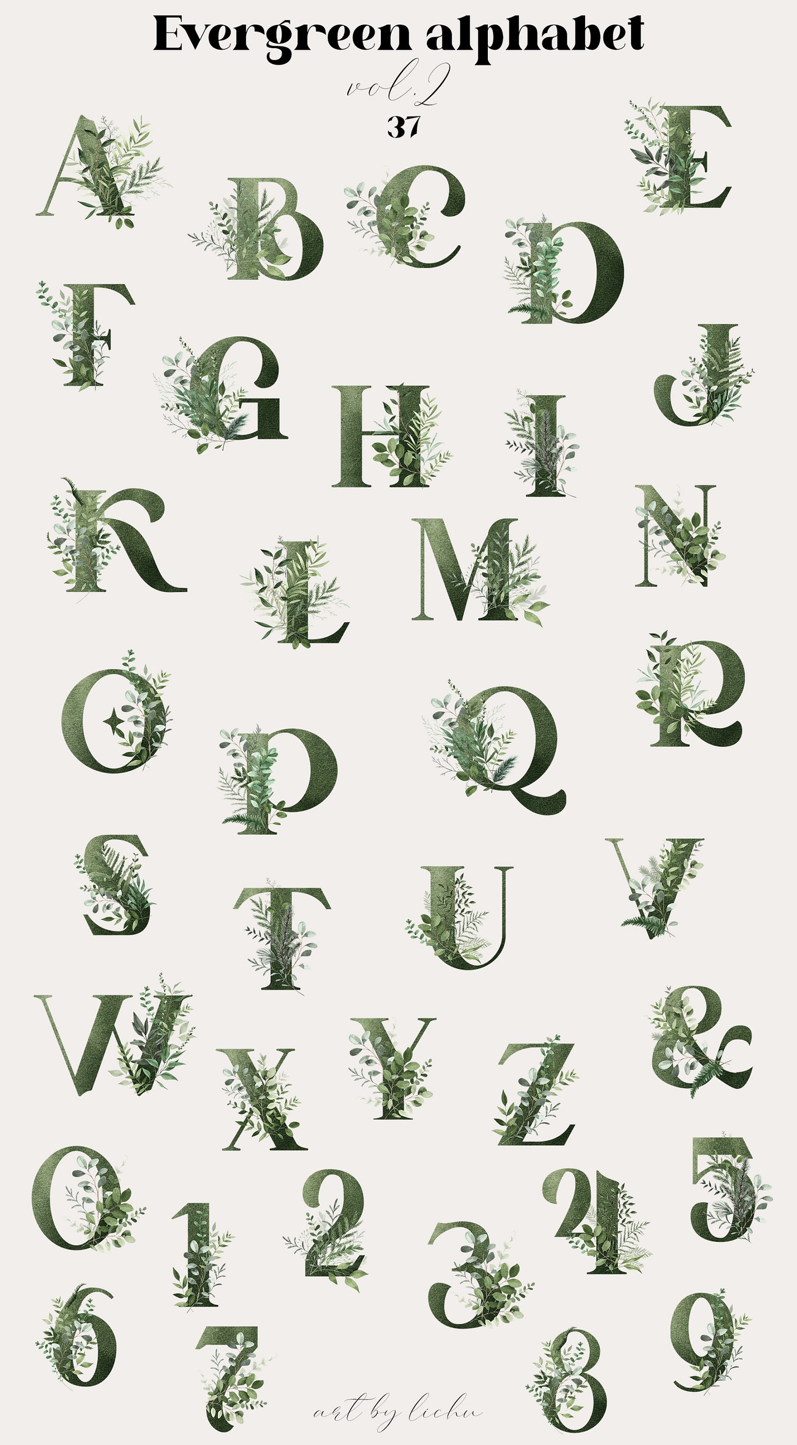 Watercolor Foliage Greenery Alphabet Numbers Evergreen Leaves - Etsy
