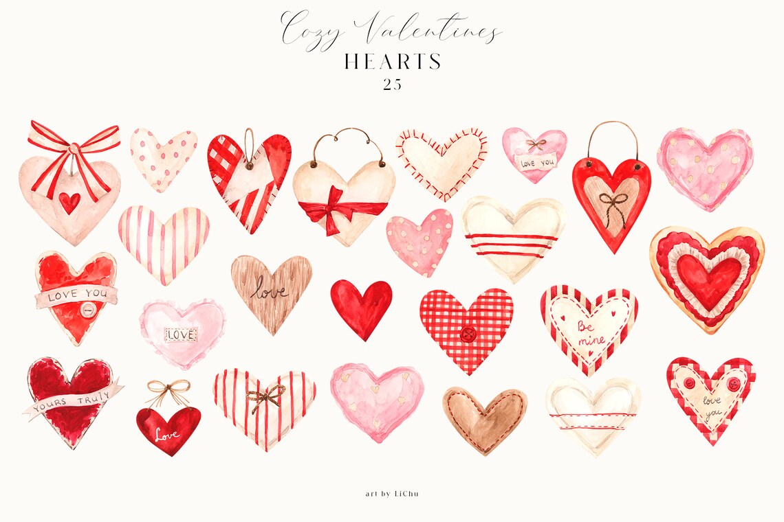Watercolor Hearts Clipart Red Heart Cute Vintage Valentines - Etsy
