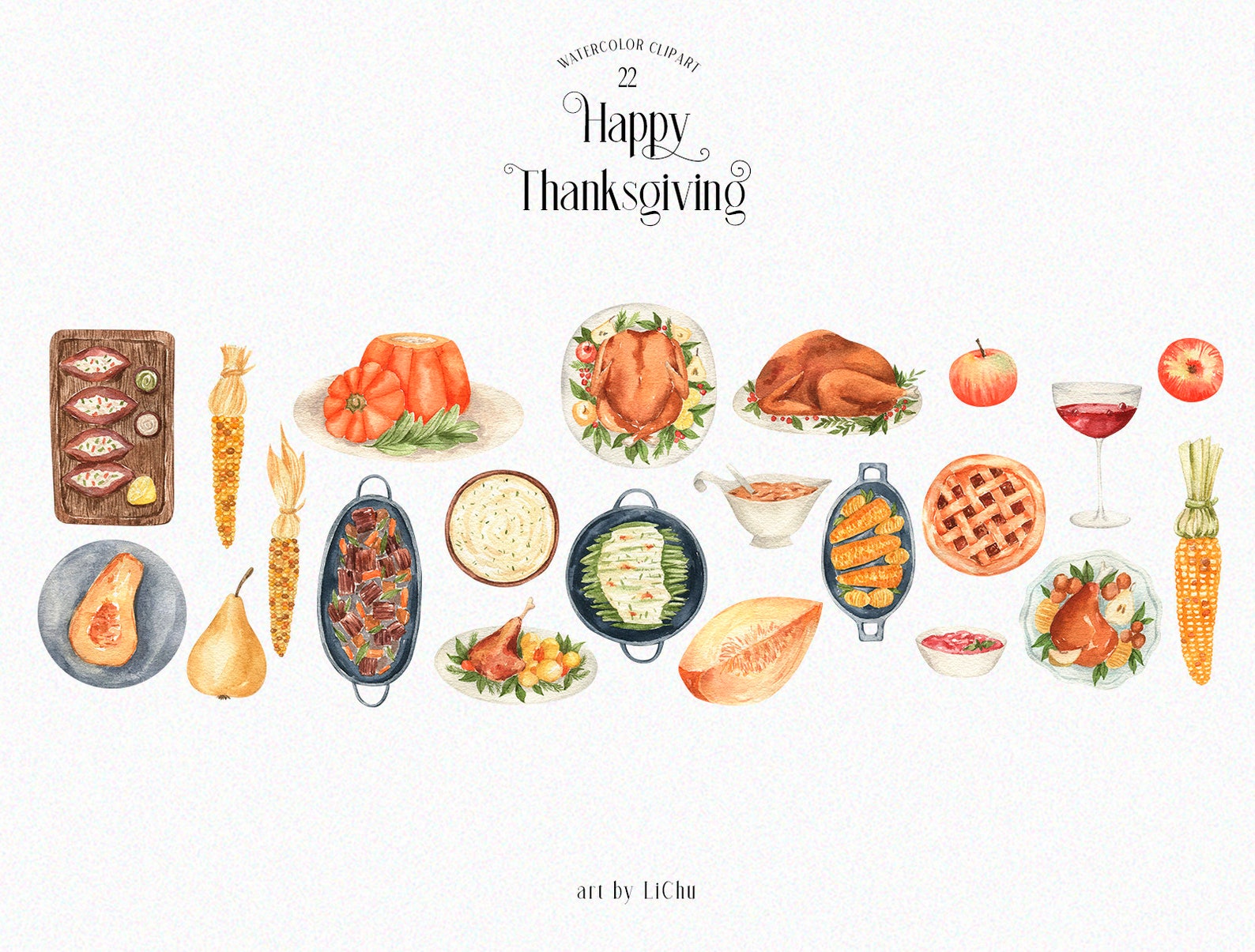 Watercolor Thanksgiving Dinner Clipart Pumpkin Pie Turkey | Etsy