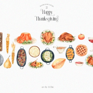Watercolor Thanksgiving Dinner Clipart Pumpkin Pie Turkey Cranberry ...