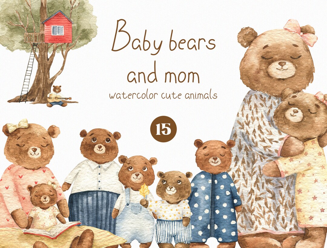 Watercolor Bear Woodland Animal Clipart Cute Family Bears Mom and Baby ...