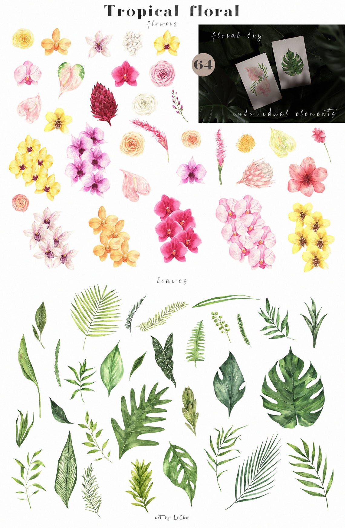 Watercolor Tropical Flowers Clipart Hawaii Floral Greenery - Etsy
