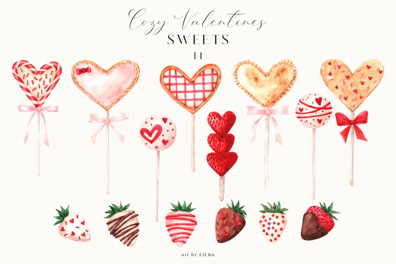 Watercolor Sweets Clipart Cake Pops Heart Cookies Strawberry - Etsy