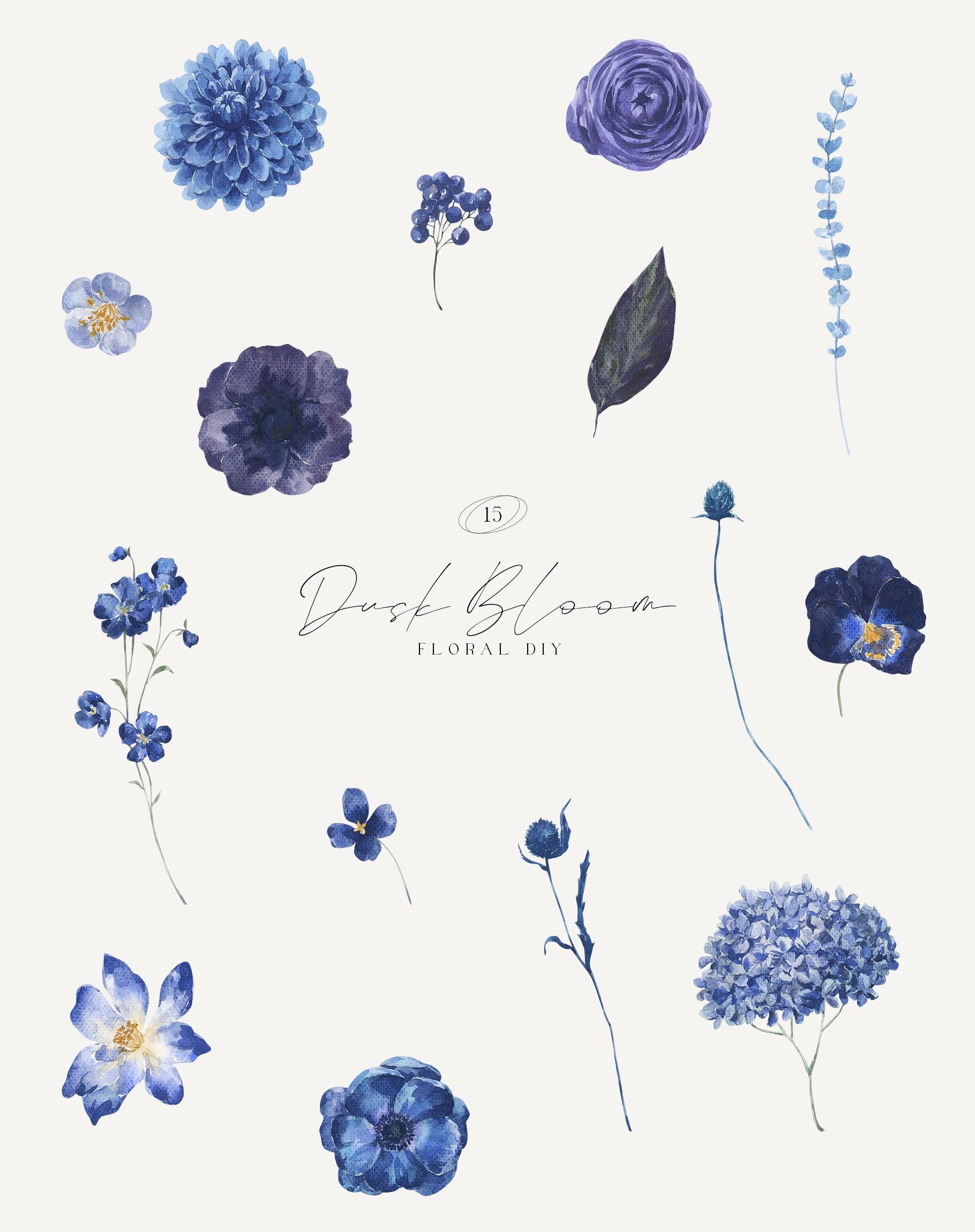 Watercolor Flowers Clipart Navy Blue Florals - Dusk Bloom Set – Floral ...