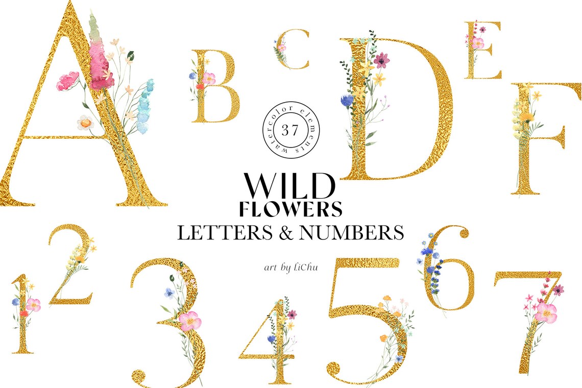 Wildflowers Alphabet Clipart Gold Alphabet Clipart Floral - Etsy