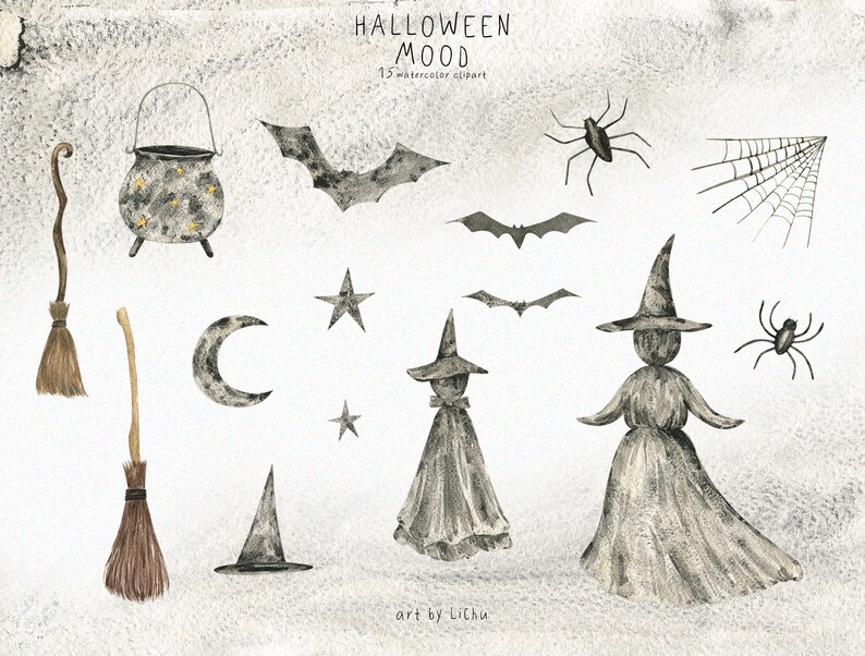 Watercolor Halloween Clipart Ghost Jack-o'lanterns Moon - Etsy