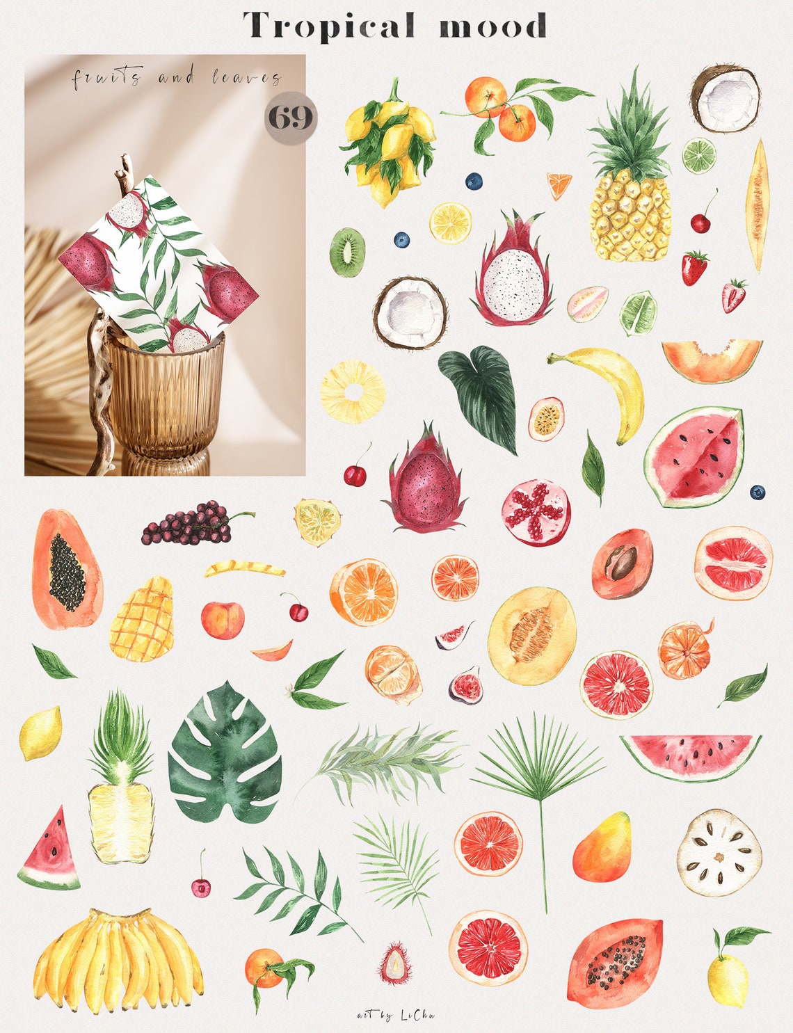 Watercolor Tropical Fruit Clipart Citrus Papaya Melon - Etsy