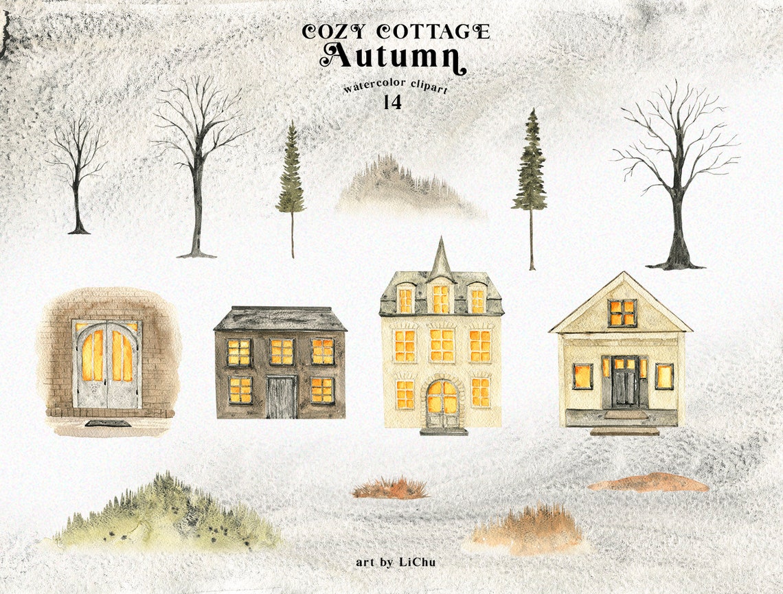 Watercolor Autumn Houses Clipart Mountains Cozy Fall Trees - Etsy