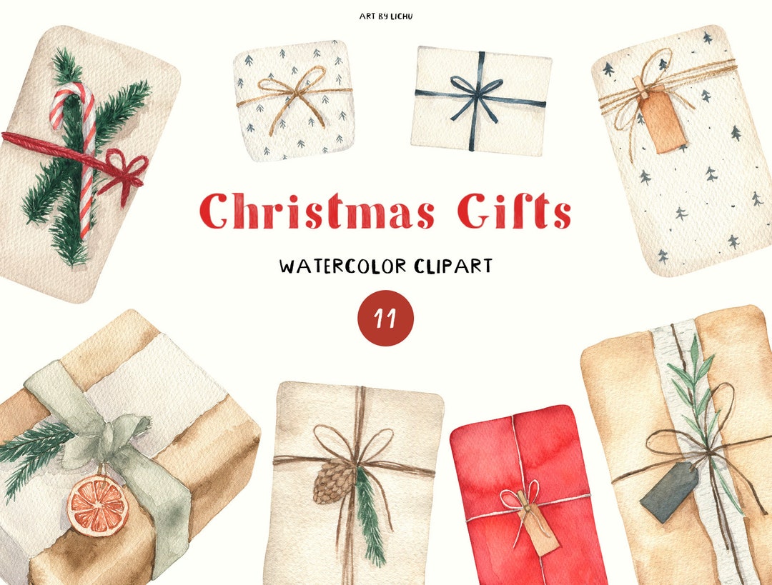 Watercolor Christmas Gift Box Clipart Winter Holiday Elements Gift ...