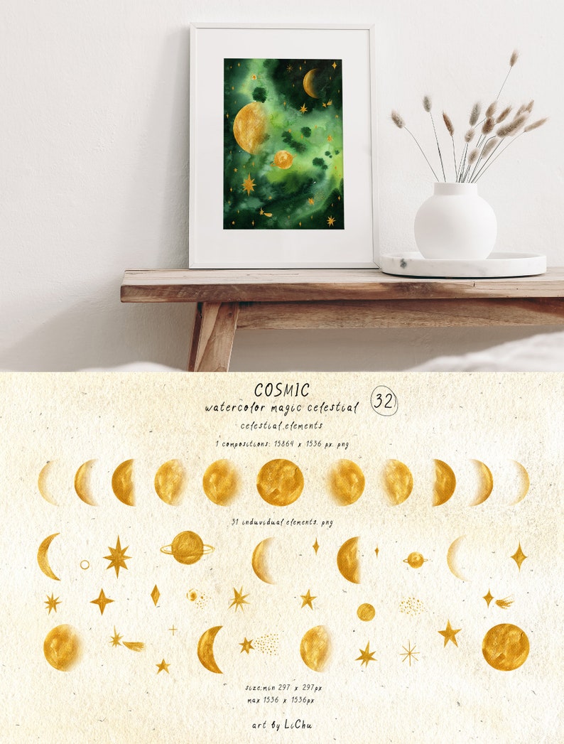 Watercolor Celestial Clipart Stars Moon Phases Planet - Etsy