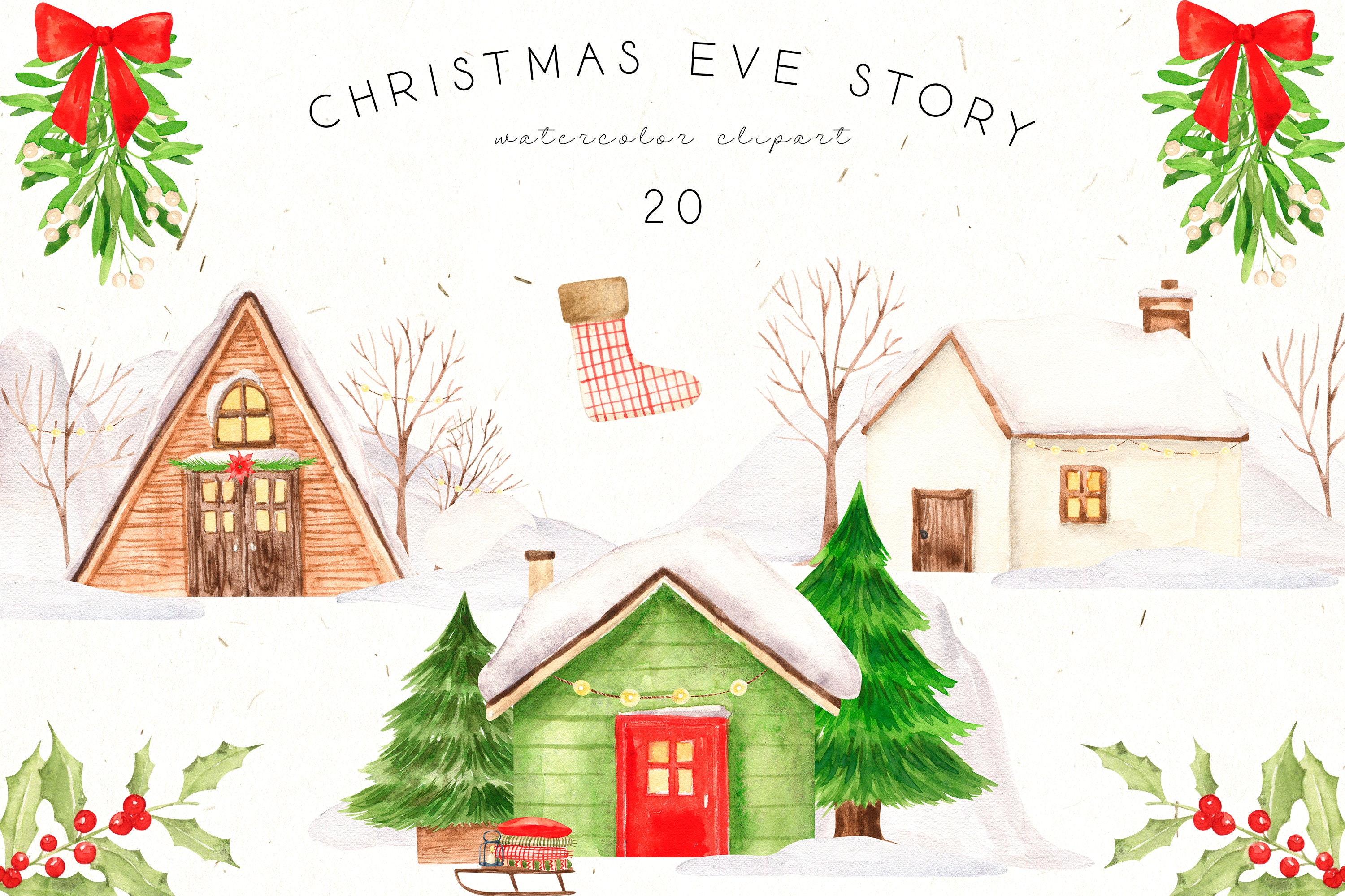 Watercolor Winter Houses Christmas Clipart Floral Mistletoe | Etsy