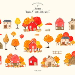 House Watercolor Autumn Clipart Cottage Village Barn Farm Pumpkin Truck ...