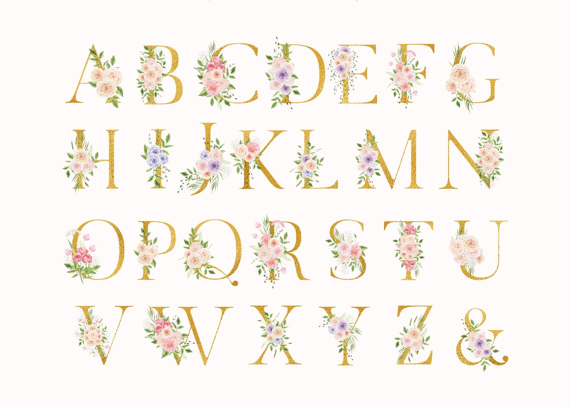 Alphabet Watercolor Floral Gold Typography Wedding Letters and | Etsy