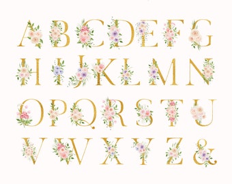 Alphabet Watercolor Floral Gold Typography Wedding Letters and Number ...